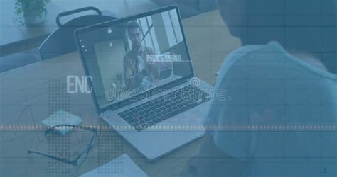 animation of loading bar and encrypted data transfer text diverse coworkers discussing reports