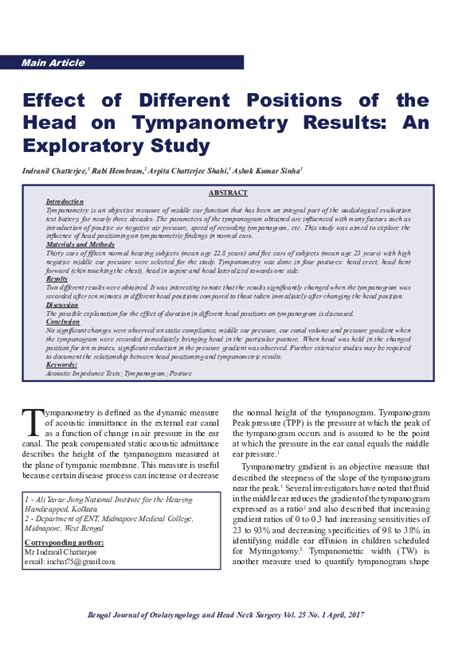 Pdf Effect Of Different Positions Of The Head On Tympanometry Results