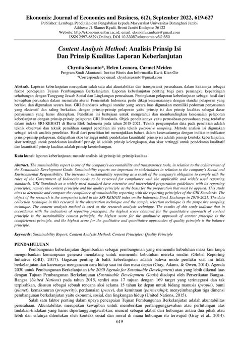 Pdf Content Analysis Method Analisis Prinsip Isi Dan Prinsip Kualitas Laporan Keberlanjutan