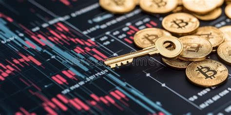 Golden Key Unlocking Digital Vault With Bitcoin Coins And Charts Stock
