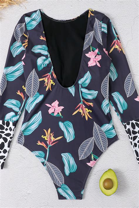 Floral Marble Print Contrasted Long Sleeve One Piece Swimsuit Suncoy