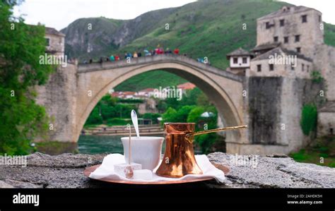 Traditional Turkish Coffee In Front Of Old Bridge In Mostar Bosnian