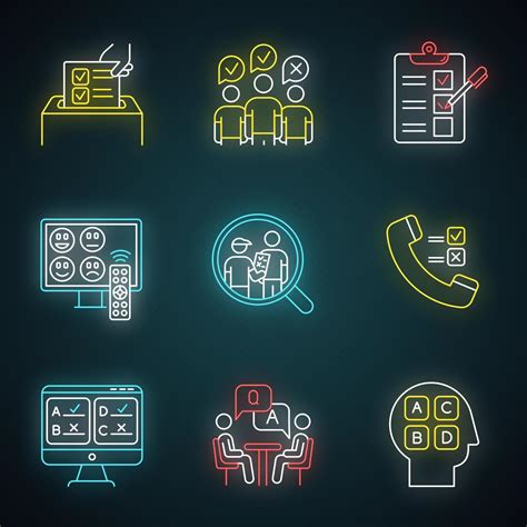 Survey Methods Neon Light Icons Set Telephone Online Poll Rating Interview Public Opinion