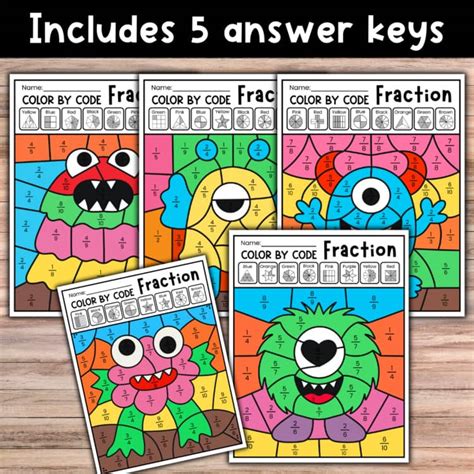Color By Code Identifying Fractions Monster Theme Coloring Worksheets