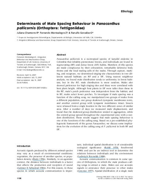 Pdf Determinants Of Male Spacing Behaviour In Panacanthus Pallicornis Orthoptera Tettigoniidae