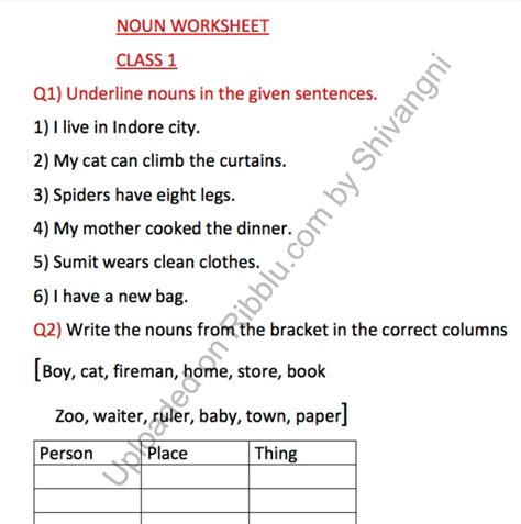 Noun Worksheets For Class 1 With Answers