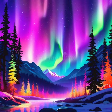 Aurora Borealis In The Arctic Landscape Illustrtion Stock Illustration