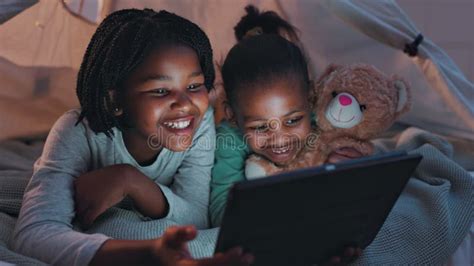 Bedroom Night And Black Girls With A Tablet Funny And Happiness With