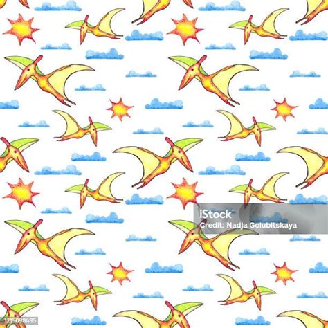 흰색 배경에 구름과 태양 과 다채로운 수채화 공룡 원활한 패턴 어린이 디자인선사 시대 일러스트 끝없는 인쇄 가공의 인물에 대한 스톡 벡터 아트 및 기타 이미지 Istock