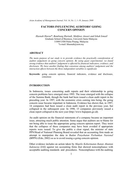 Pdf Factors Influencing Auditors Going Concern Opinion