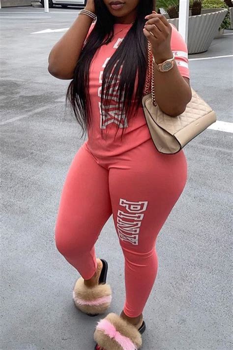 Pink Fashion Casual Letter Print Basic O Neck Plus Size Two Piecesplus
