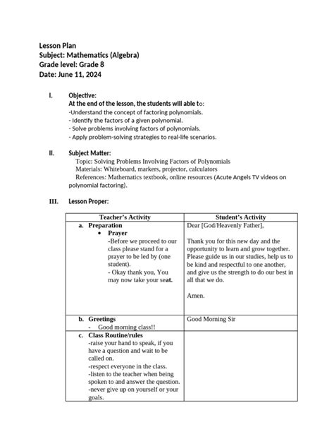 Lesson Plan In Mathematics Pdf Factorization Equations