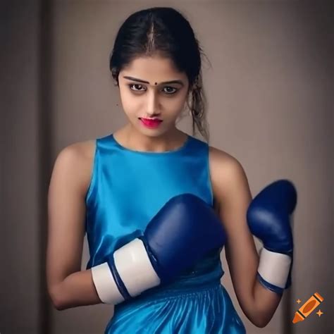 Fashionable Indian Girl Displaying Boxing Skills In Blue Silk Dress On