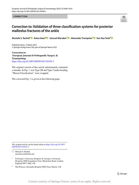 Correction To Validation Of Three Classification Systems For Posterior Malleolus Fractures Of