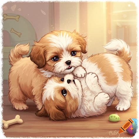Two Shih Tzu Puppies Playing On A Wooden Floor With Toys On Craiyon