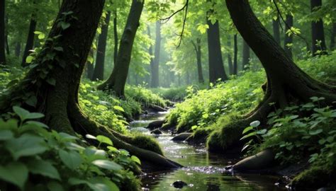 Tangled Vines And Trees Entwine A Gentle Stream Flowing Through The Underbrush Greenery
