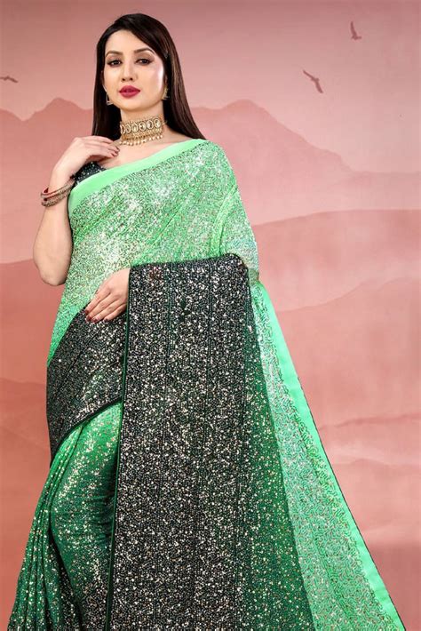 Designer Green Sequins Embroidery Work Georgette Saree Nikunj Fashion