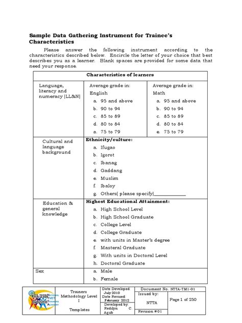 Sample Data Gathering Instrument For Trainees Characteristics Pdf