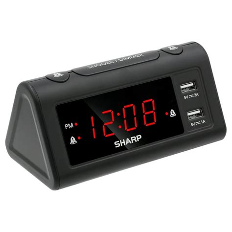 Sharp Dual Alarm Clock With 2 X Usb Charge Ports Black With Red Led Display