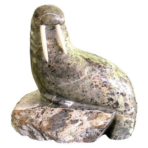 Inuit Native American Eskimo Signed Stone Carved Walrus Sculpture For