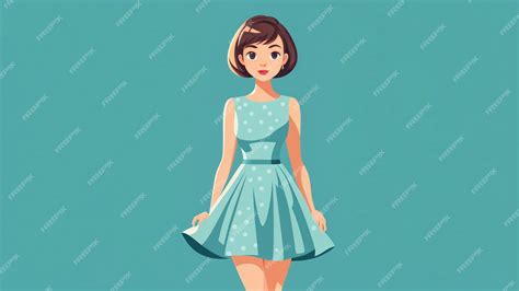 Beautiful Girl In A Blue Dress Vector Illustration In Cartoon Style