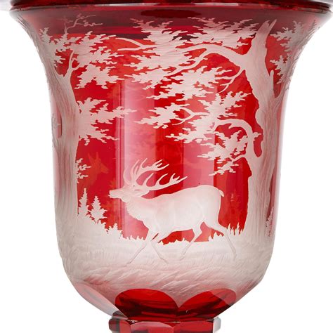 Pair Of Large Bohemian Etched Ruby Glass Goblets And Covers Mayfair