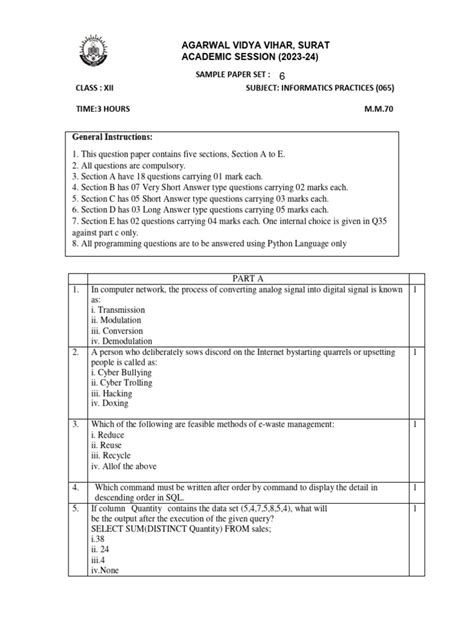 Ip Sample Paper 6 Pdf Sql Computing
