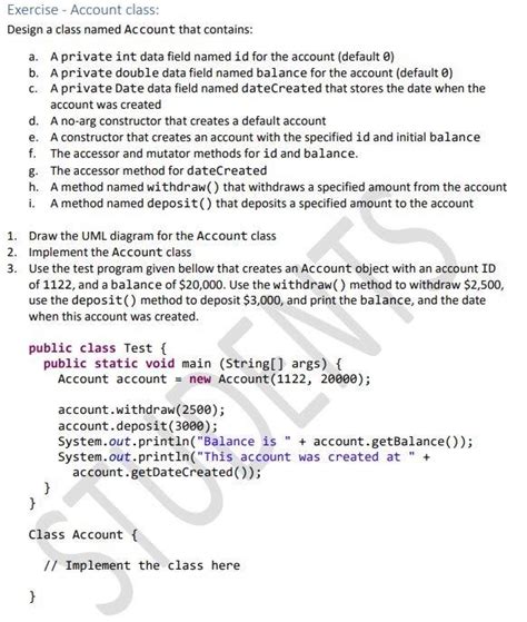 solved exercise ‐ account class design a class named account