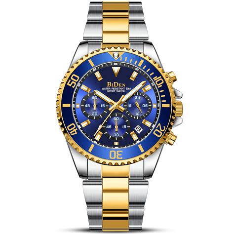 Mens Watches Chronograph Gold Blue Stainless Steel Waterproof Date