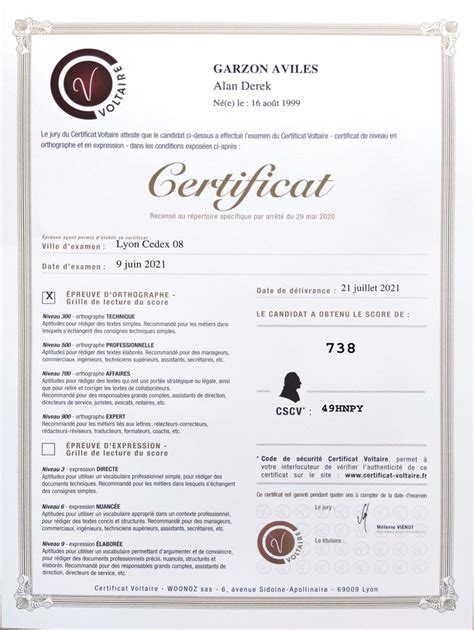 Certificat Voltaire De Niveau En Orthographe Alan Garzon