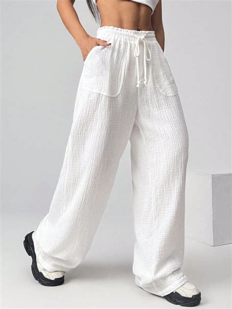 여성용 흰색 직조 텍스쳐 크링클 루즈핏 바지 Loose Pants Boho Chic Fashion Cut Sweatpants