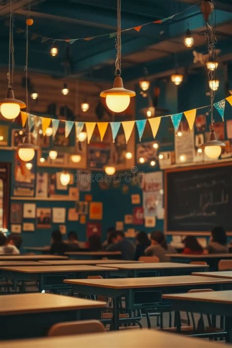 Lively Classroom Decor With Festive Banners And Warm Lighting Enhancing