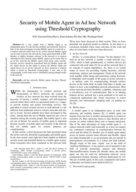 pdf security of mobile agent in ad hoc network using threshold