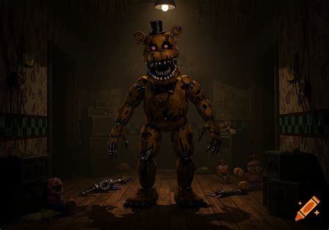 A Close Up Dimly Lit Photorealistic Shot Of Freddy Fazbear From Five