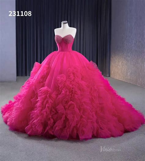 Strapless Magenta Wedding Dresses Ruffled Tulle Quinceanera Dress 2311