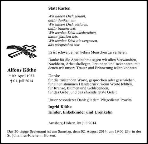 Traueranzeigen Von Alfons Köthe Trauer In Nrwde