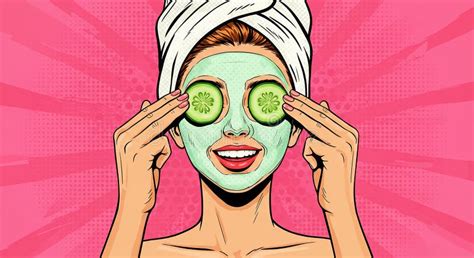 Female Character In Pop Art Style Holds Cucumber Slices Over Eyes She Has A Green Stock