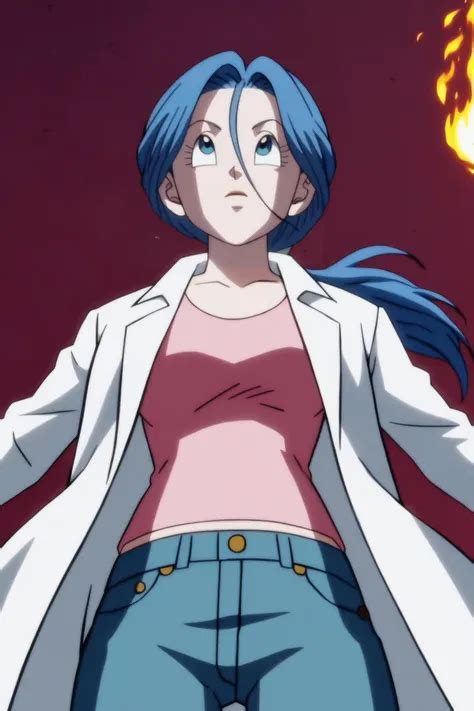 A Woman With Blue Hair And A White Jacket Standing In Front Of A Fire