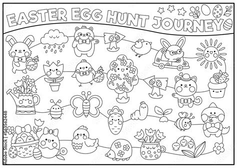 Vector Black And White Easter Egg Hunt Journey Game With Holiday Symbols Line Kawaii Spring