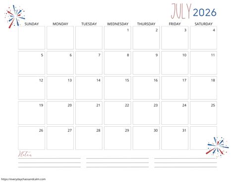 Free Printable July 2026 Calendars