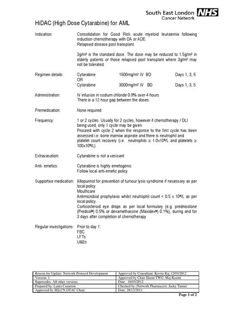 Hidac High Dose Cytarabine For Aml Page 1 Of 2 Pdf Chemotherapy Medical Specialties