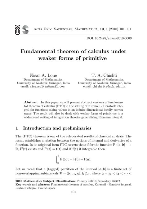 Pdf Fundamental Theorem Of Calculus Under Weaker Forms Of Primitive