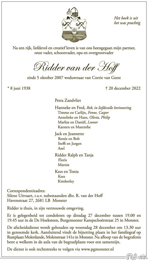 Ridder Van Der Hoff 20 12 2022 Overlijdensbericht En Condoleances Mensenlinq Nl
