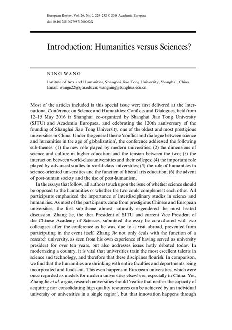 Introduction Humanities Versus Sciences European Review Cambridge