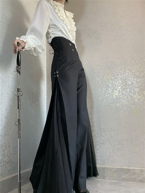 Ouji Fashion Black High Waist Wide Leg Pants With Side Pleated Chiffon