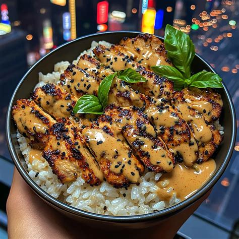Thai Basil Chicken Rice Bowls With Peanut Chili Sauce Lora Chef