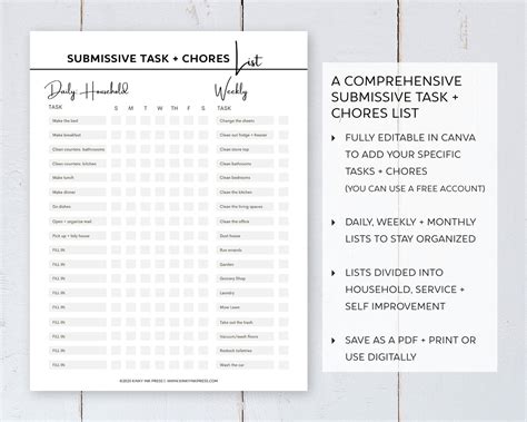 Editable Submissive Task And Chores Household Service And Self Improvement List Kinky Ink Press