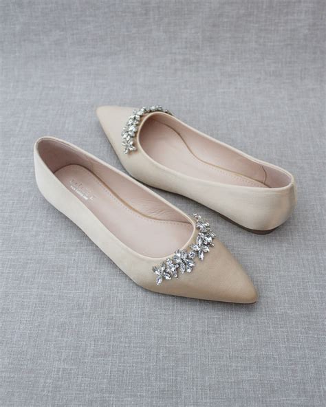 Champagne Satin Pointy Toe Flats With Floral Rhinestones Embellishment