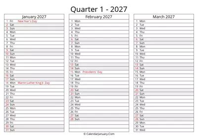 2027 Quarterly Calendar Business Planning And Holiday Schedule
