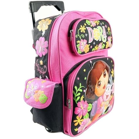 Dora The Explorer Backpack Large Rolling 16 Inch Pink Black Flowers